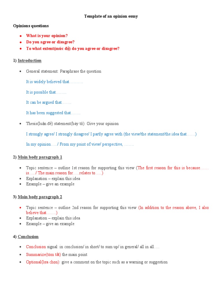 1) Introduction: Template of An Opinion Essay Opinions Questions | PDF