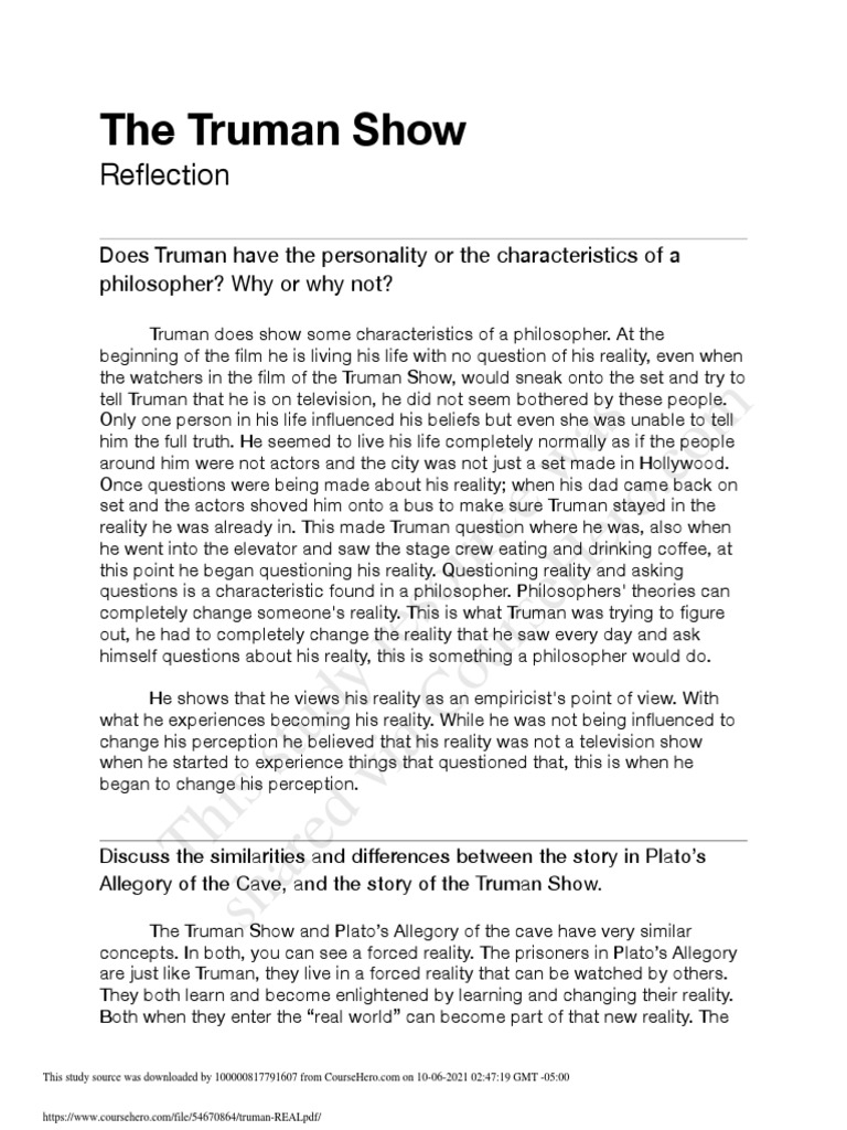 The Truman Show: This Study Resource Was | PDF | Reality | Allegory