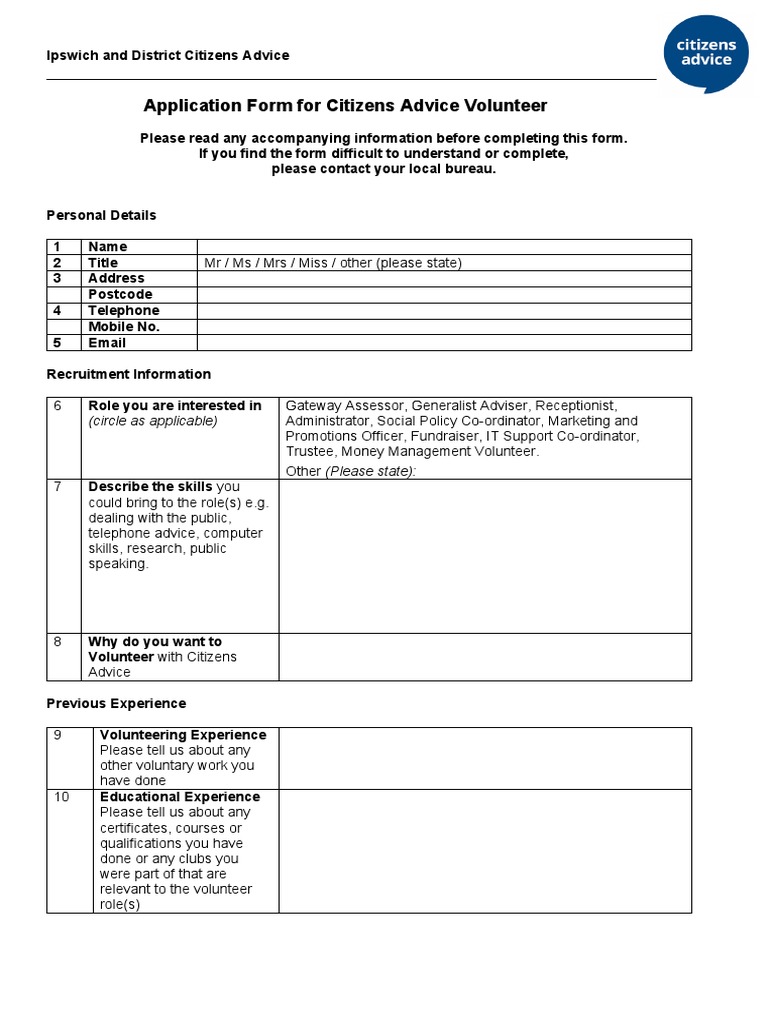 Application Form For Citizens Advice Volunteer: (Circle As Applicable ...