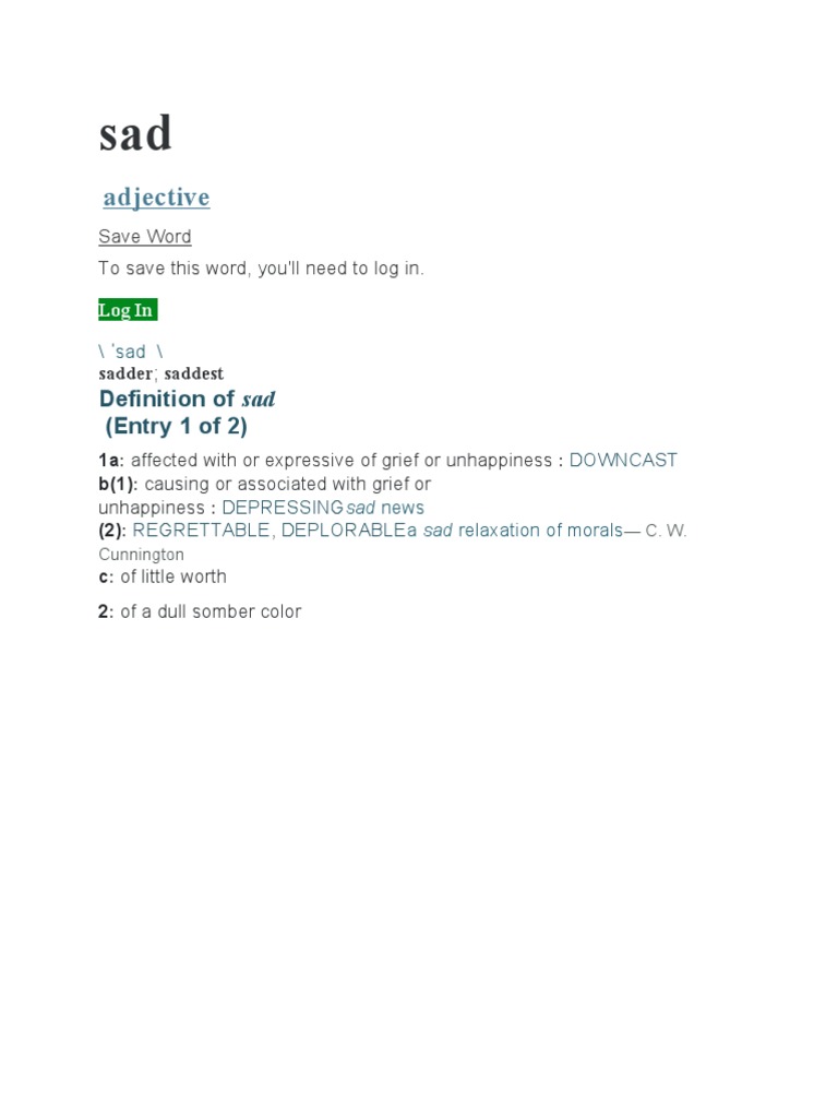 Adjective: Definition of Sad (Entry 1 of 2) | PDF