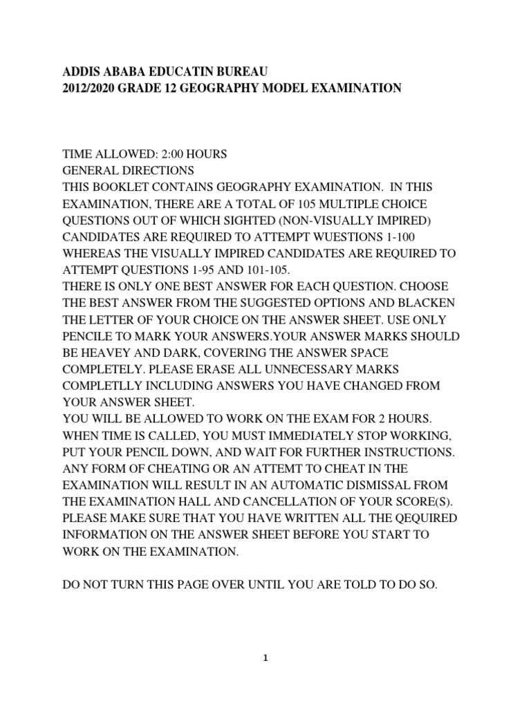 Grade 12 Geography Model Exam 2020 | PDF | Ethiopia | Africa
