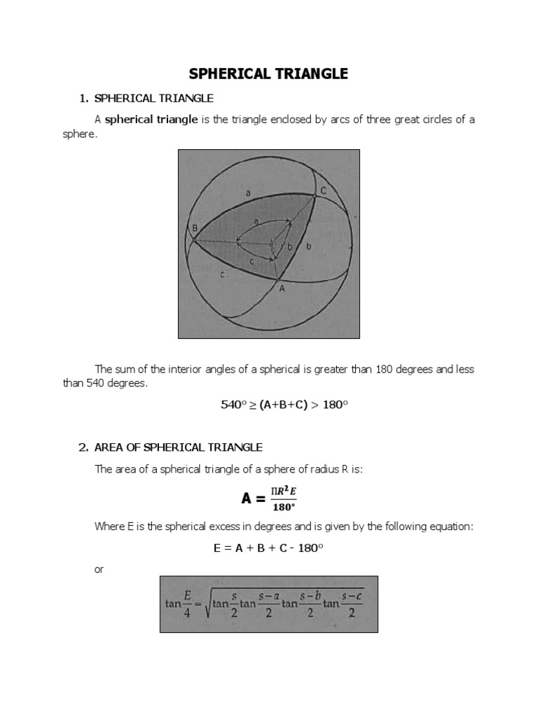 Spherical Triangle Formulas and Area | PDF | Trigonometric Functions ...