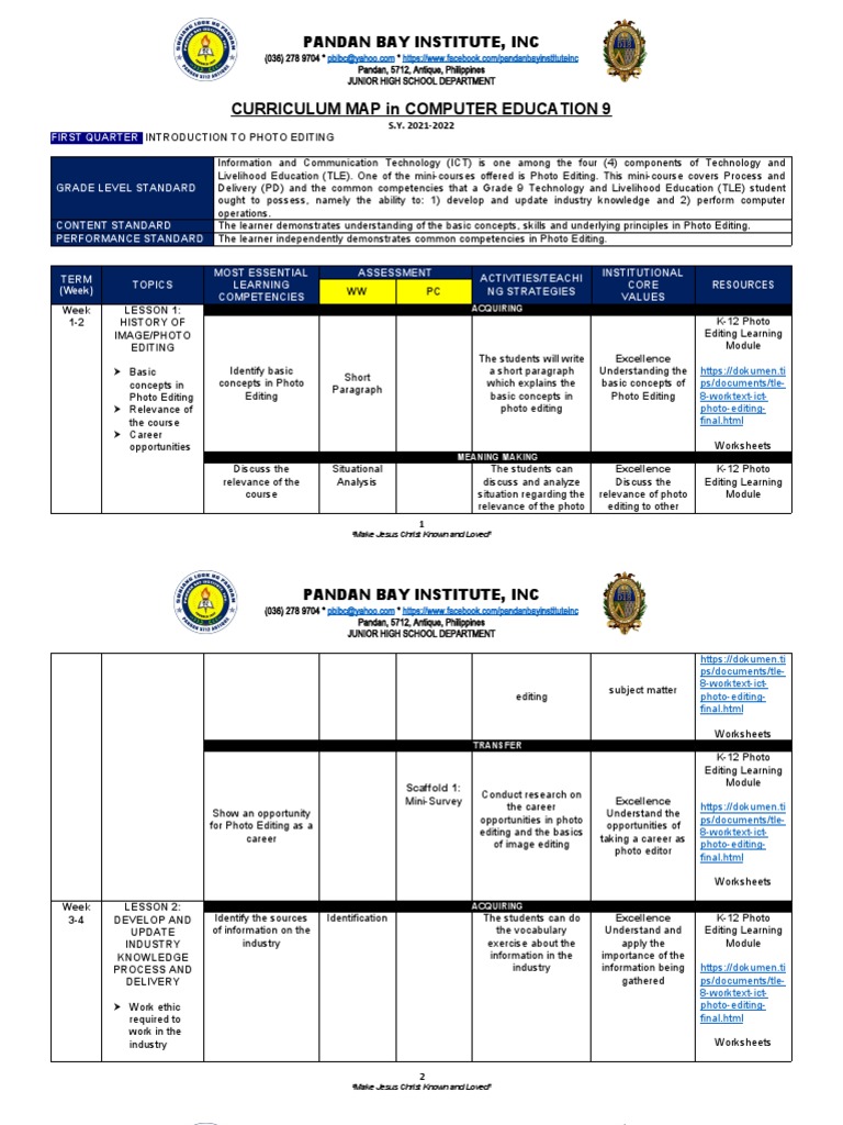 Curriculum Map in Computer Education 9: Pandan Bay Institute, Inc | PDF ...
