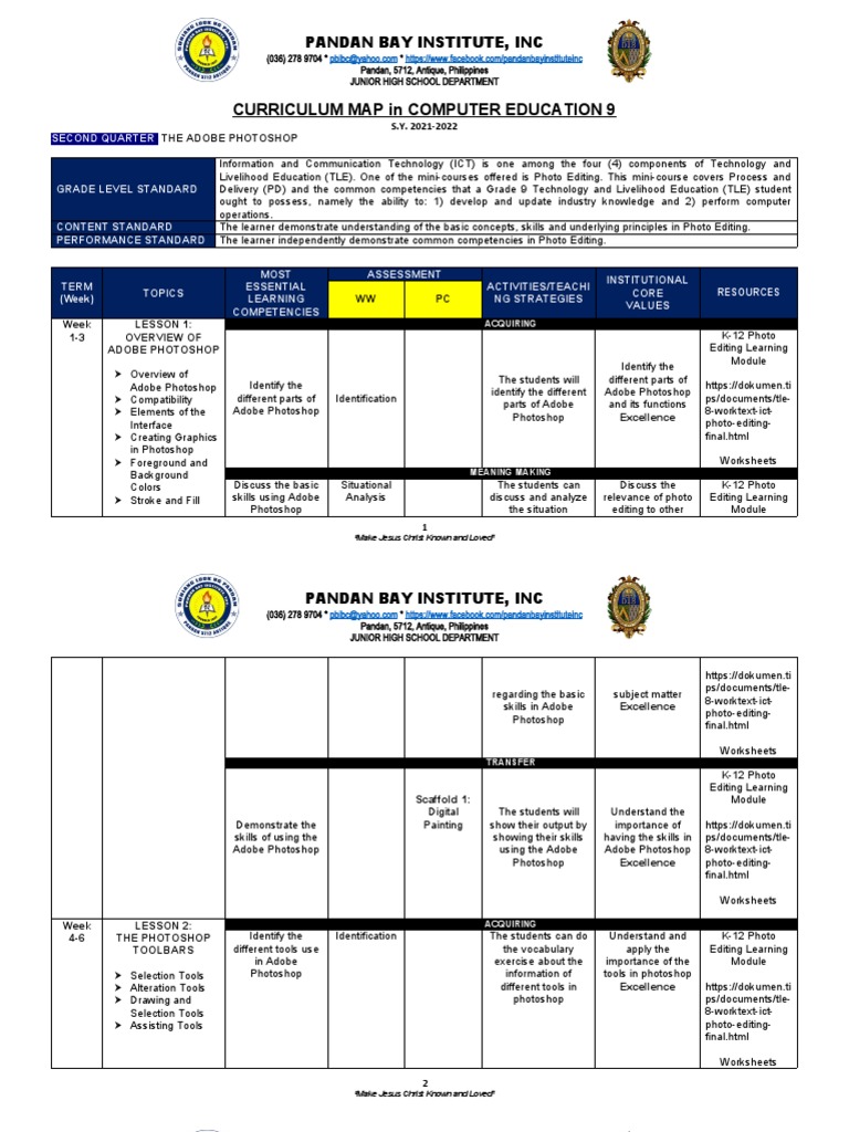 Curriculum Map in Computer Education 9: Pandan Bay Institute, Inc | PDF ...