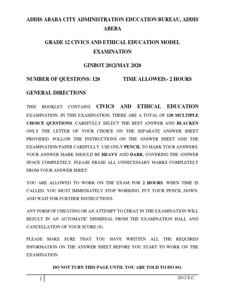 Grade 12 Civics Model Exam 2020 | PDF | Democracy | Political Ideologies