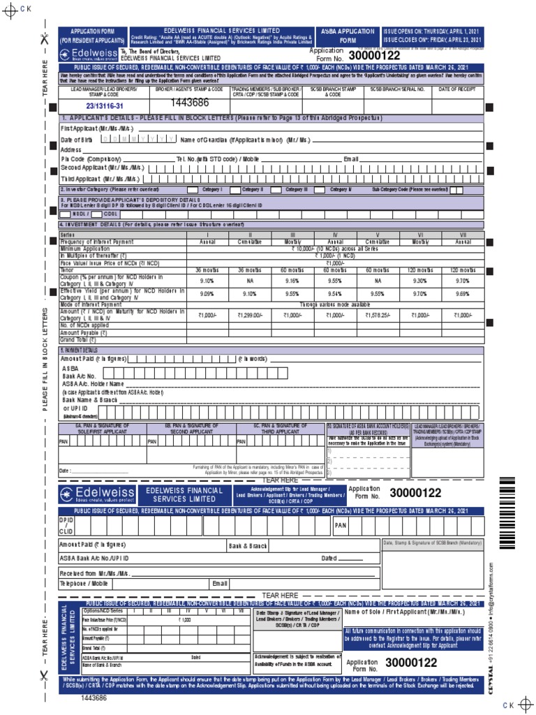 EDELWEISS FINANCIAL SERVICES LIMITED ASBA APPLICATION FORM | PDF ...