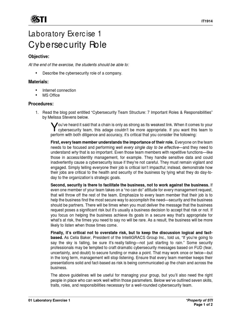 Cybersecurity Role: Laboratory Exercise 1 | PDF | Computer Security ...