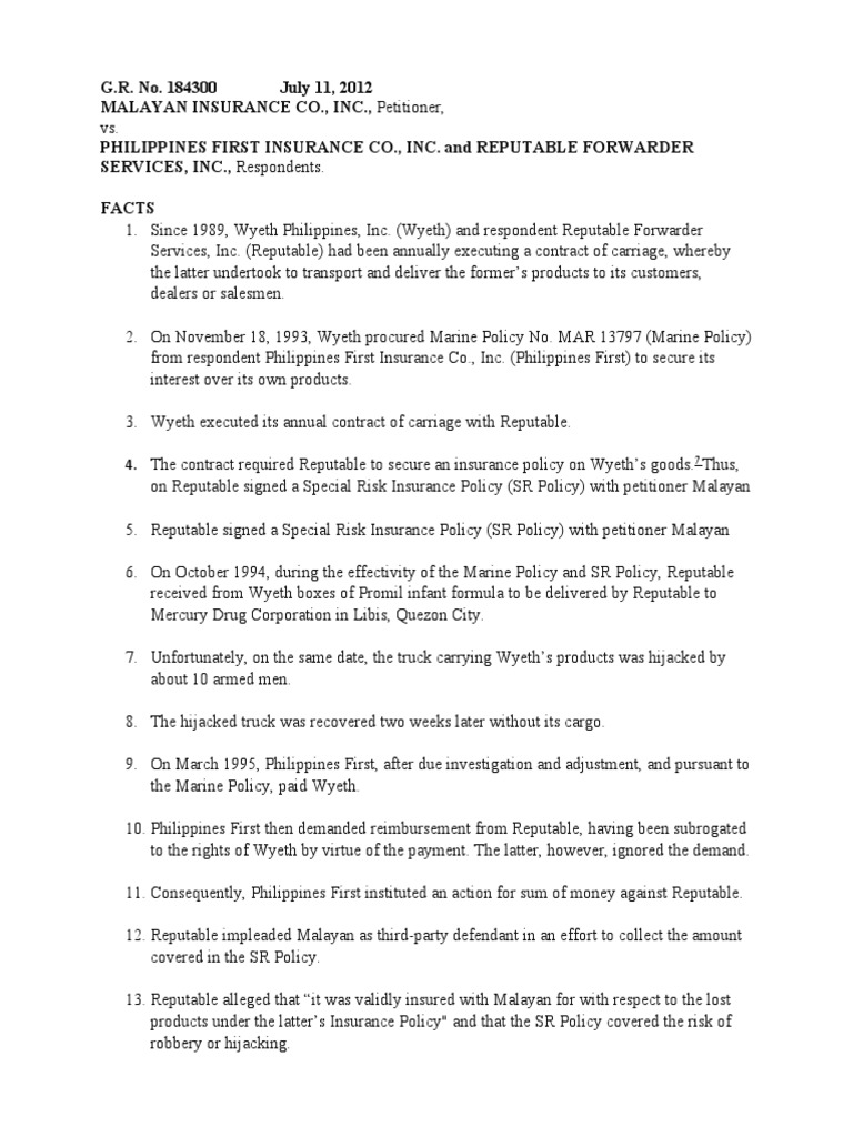 Malayan Insurance Vs Philippine First Insurance | PDF | Insurance ...