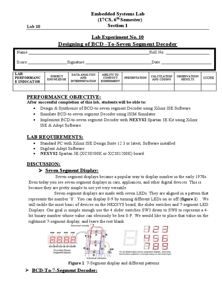 Designing of BCD - To-Seven Segment Decoder: Embedded Systems Lab (17CS, 6 Semester) Section 1 ...