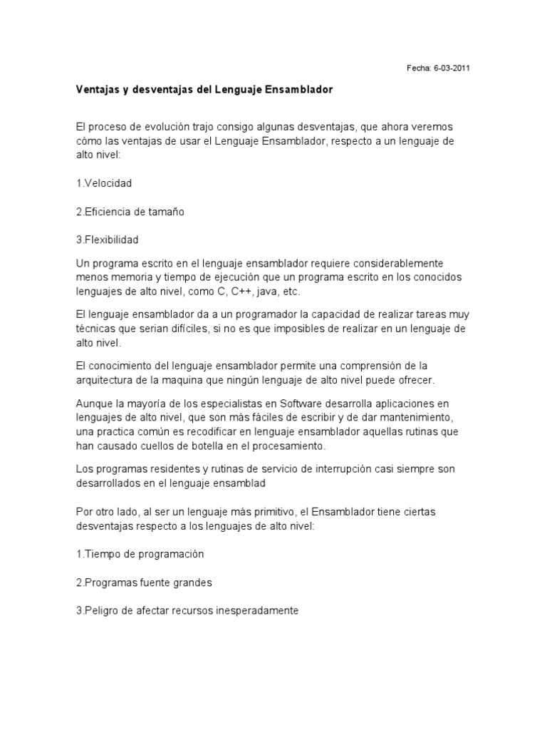 Ventajas y Desventajas Del Lenguaje Ensamblador | PDF | Lenguaje ensamblador | Lenguaje de ...
