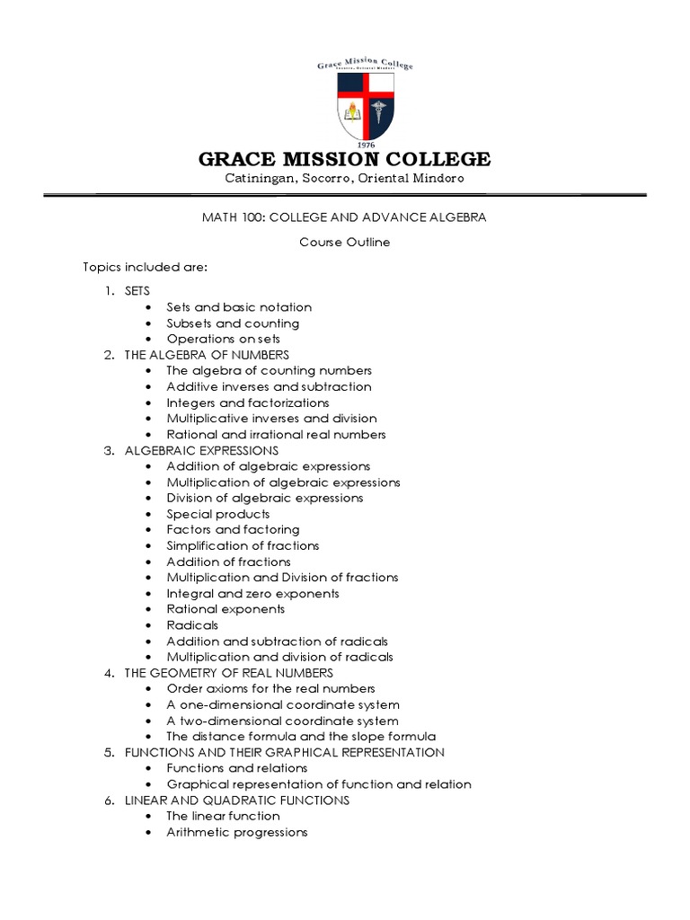 MATH 100 Course Outline | PDF | Function (Mathematics) | Equations