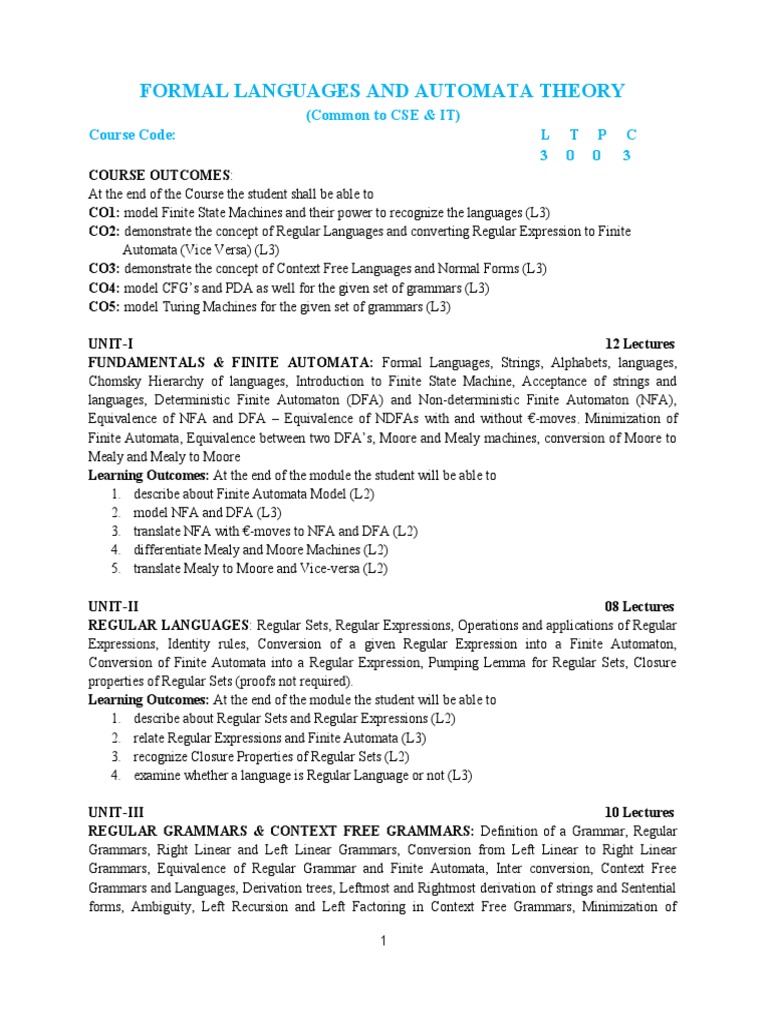 Formal Languages and Automata Theory: (Common To CSE & IT) Course Code ...