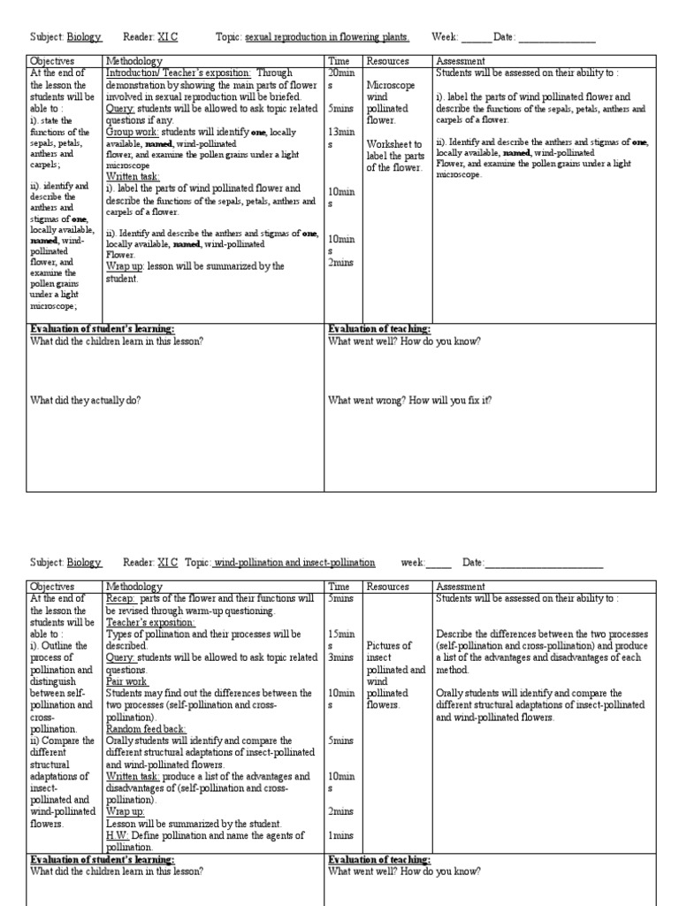 Lesson Plan: Plant Reproduction Methods | PDF | Flowers | Pollination