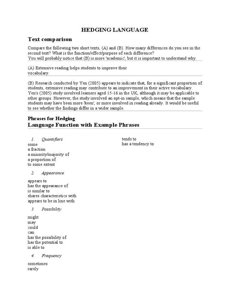 Hedging Language Text Comparison | PDF