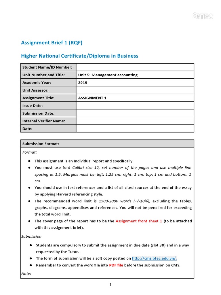 Assignment Brief 1 (RQF) Higher National Certificate/Diploma in Business | PDF | Governance ...