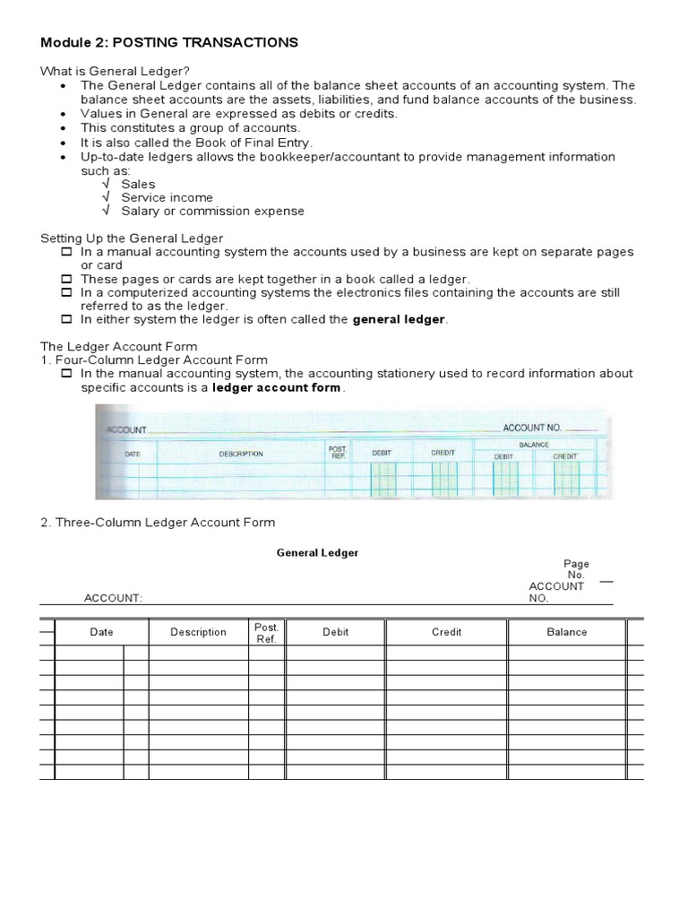 Module 2: Posting Transactions: No. Account: Account NO. Post. Ref ...
