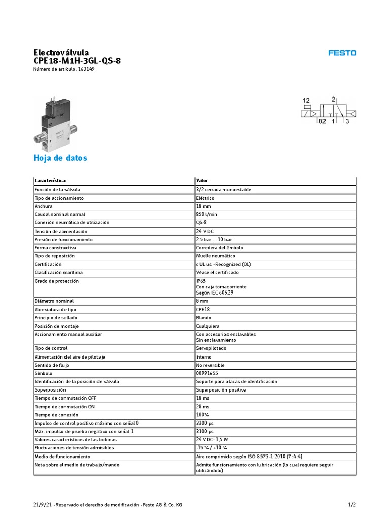 Hoja de Caracteristicas Electrovalvula CPE18 M1H 3GL QS 8 | PDF | Neumática | Ingeniería mecánica