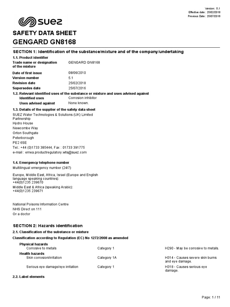 MSDS Gengard GN8168 | PDF | Dangerous Goods | Toxicity