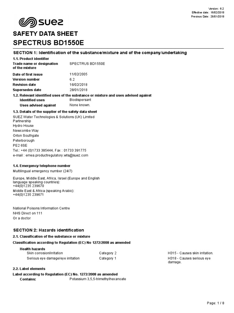 Spectrus BD1550E Safety Data Sheet | PDF | Toxicity | Dangerous Goods