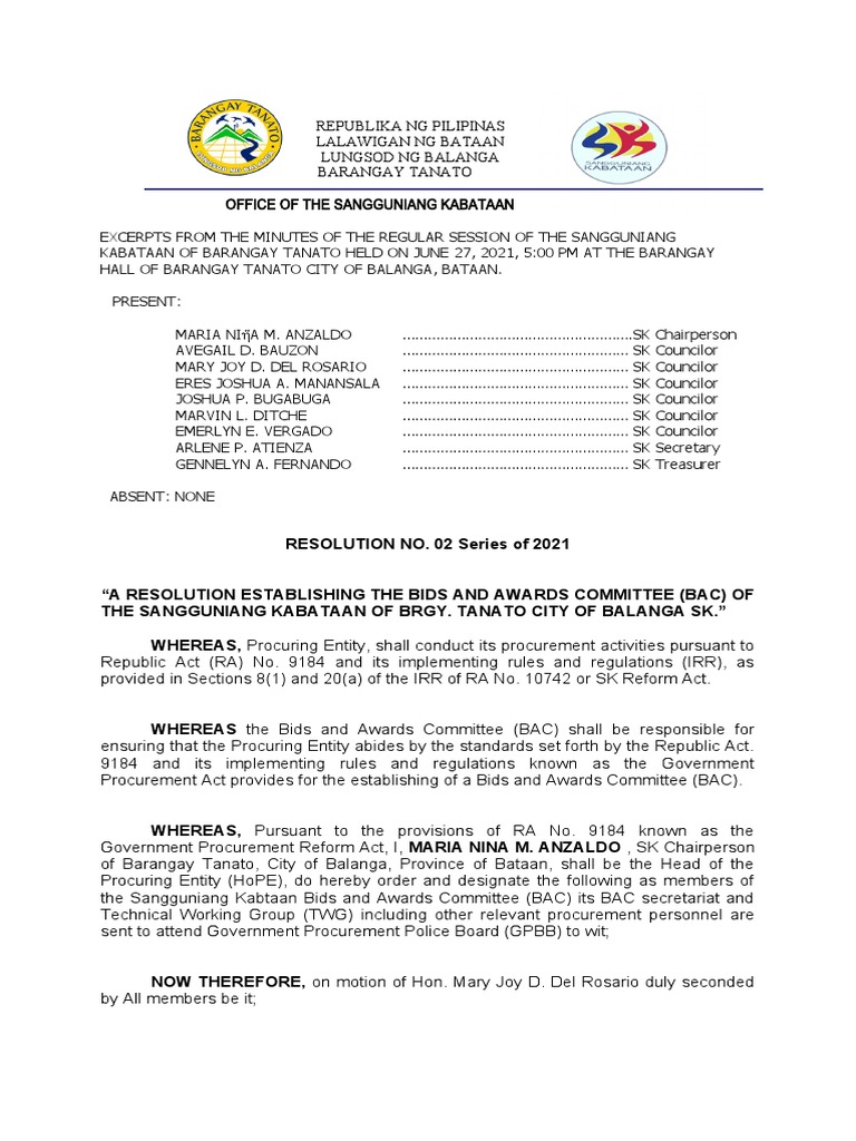 SK Bids and Awards Committee Resolution | PDF | Government | Public Law