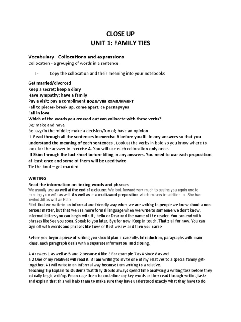 Family Ties: Collocations & Writing Tips | PDF | Sentence (Linguistics ...