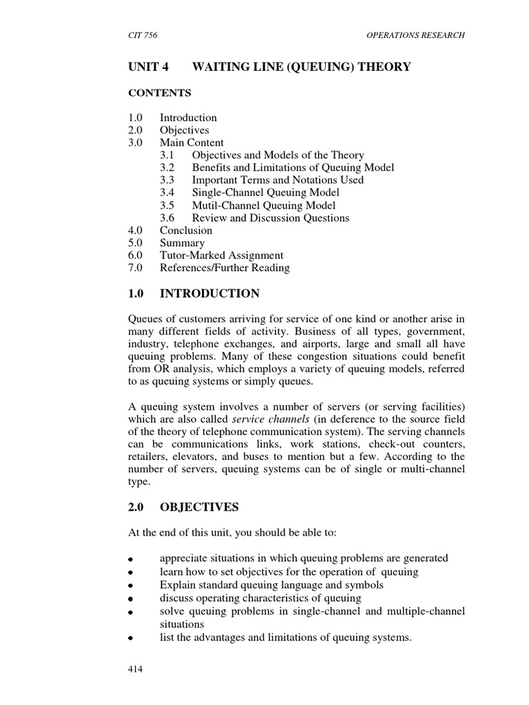 Unit 4 Waiting Line (Queuing) Theory: CIT 756 Operations Research | PDF | Probability ...