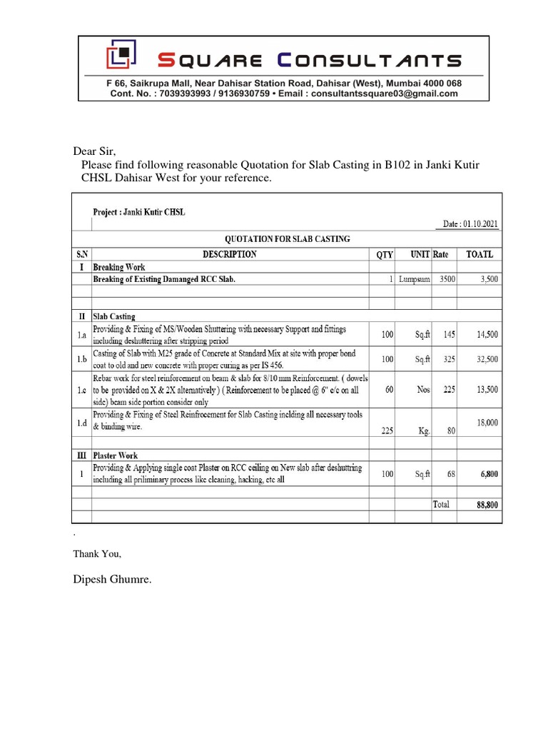 Dear Sir, Please Find Following Reasonable Quotation For Slab Casting ...