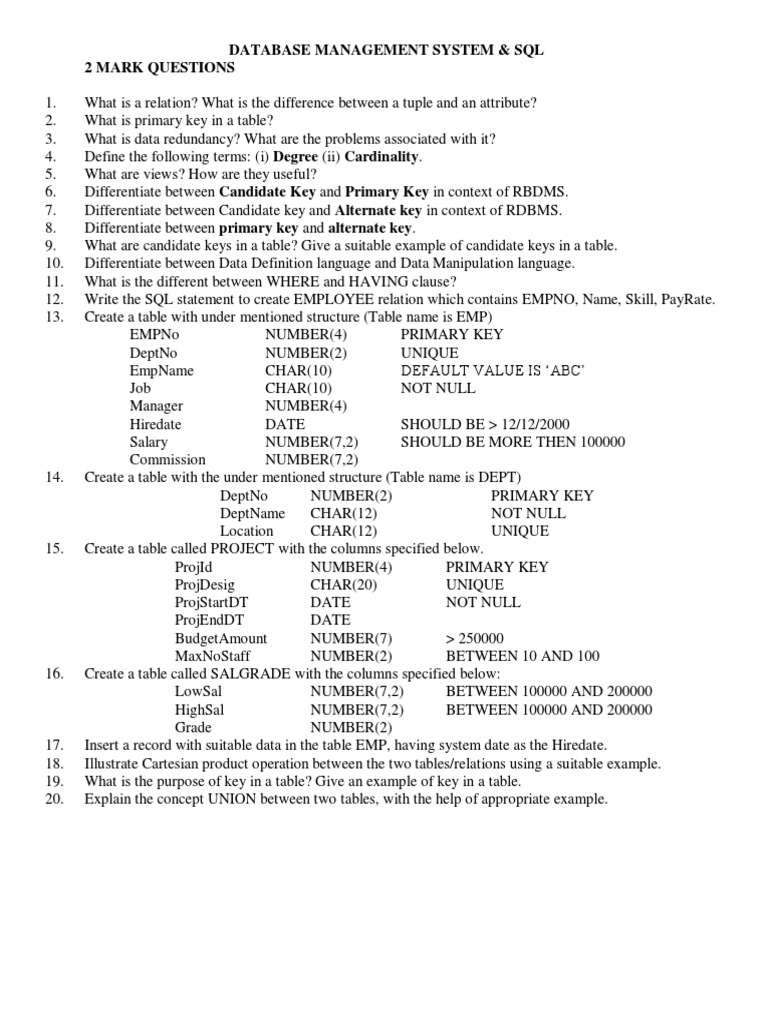 Database Management System & SQL: 2 and 6 Mark Questions on Relations ...