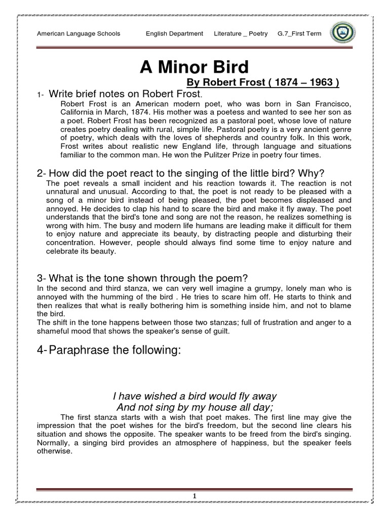A Minor Bird Worksheet | PDF | Poetry | Rhyme