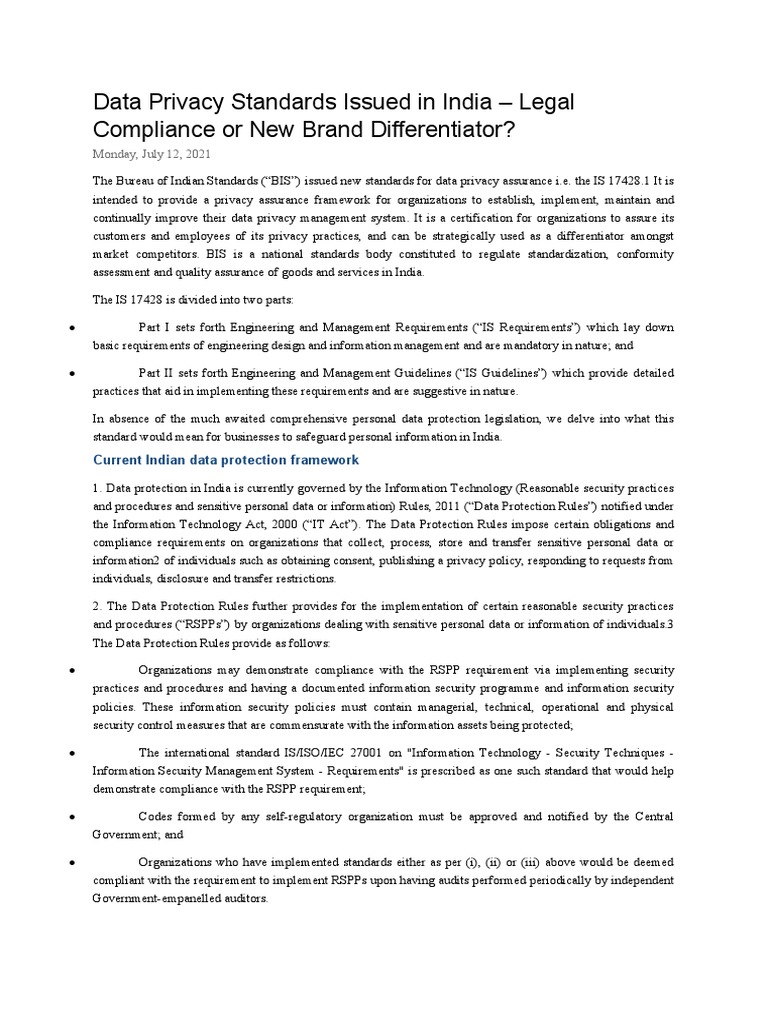 India’s IS 17428 Data Privacy Standards | PDF | Information Privacy ...