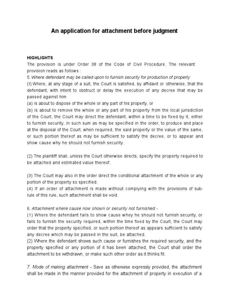 An Application For Attachment Before Judgment | PDF | Lawsuit | Civil ...