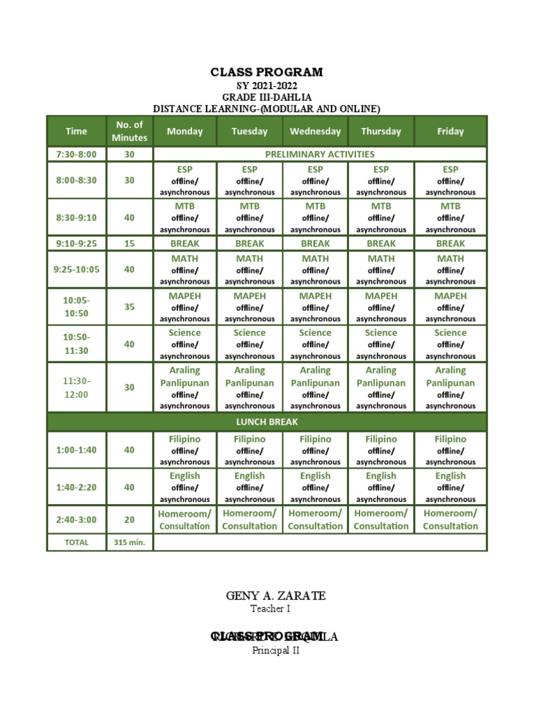 Class Program: Time No. of Minutes Monday Tuesday Wednesday Thursday ...