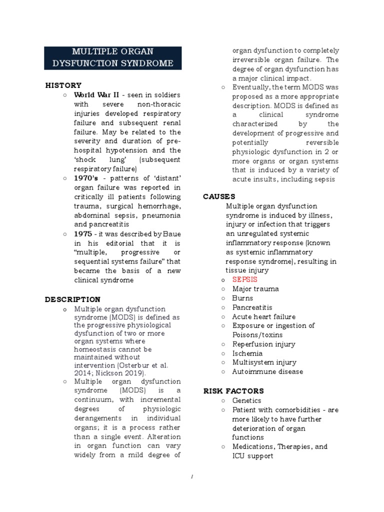 Multiple Organ Dysfunction Syndrome: History | PDF | Sepsis | Inflammation