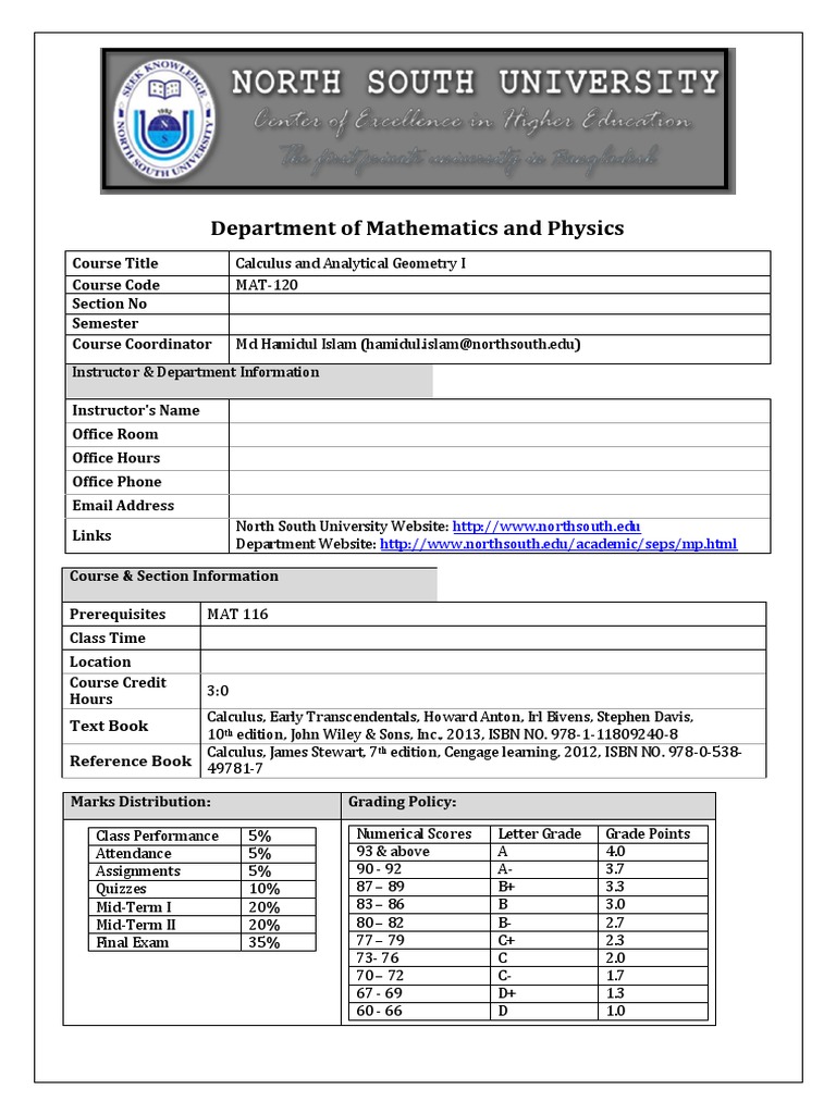 MAT 120 NSU Syllabus | PDF | Integral | Function (Mathematics)