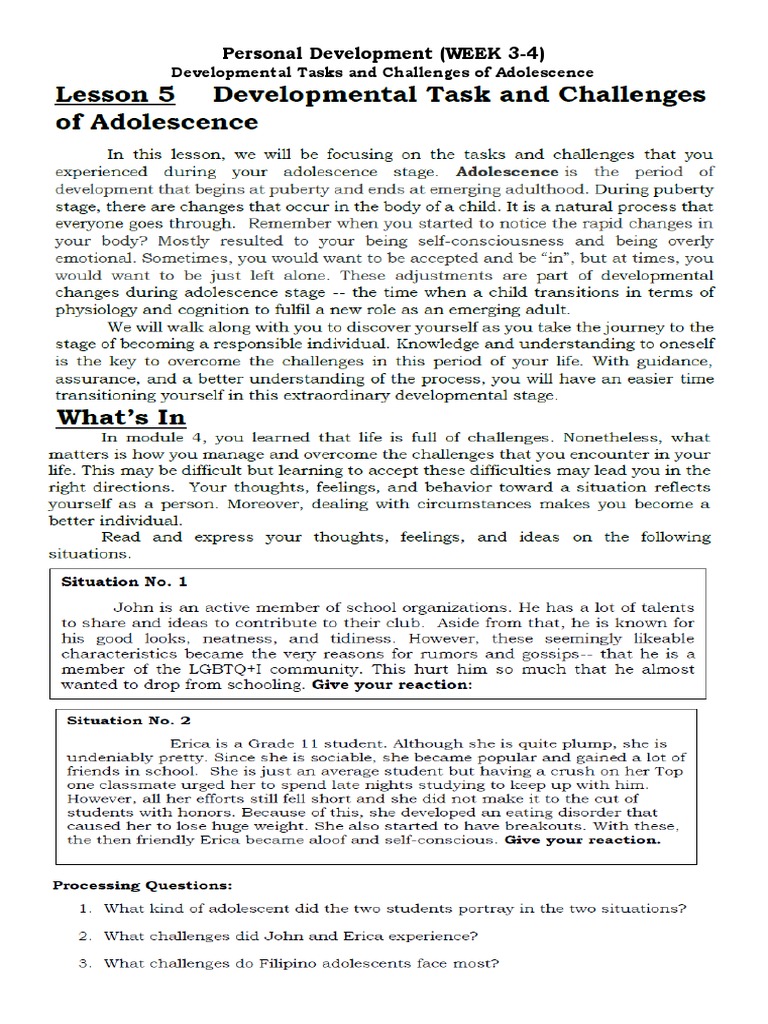 Personal Development (WEEK 3-4) : Developmental Tasks and Challenges of ...