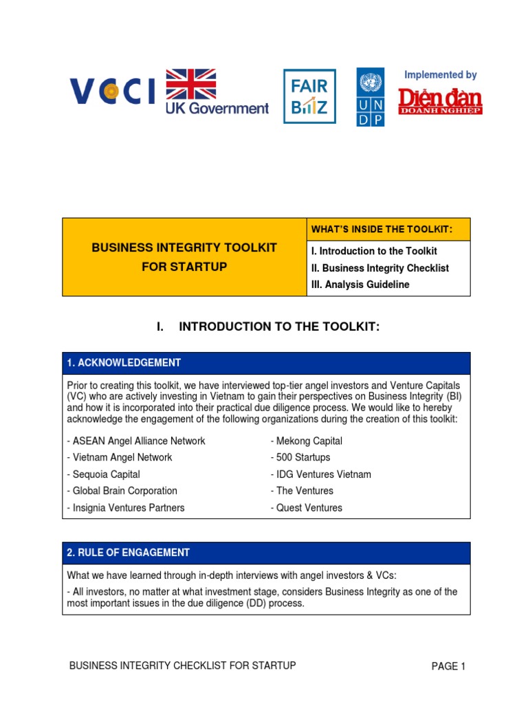 Business Integrity Toolkit - For Startup | PDF | Venture Capital | Corporate Finance