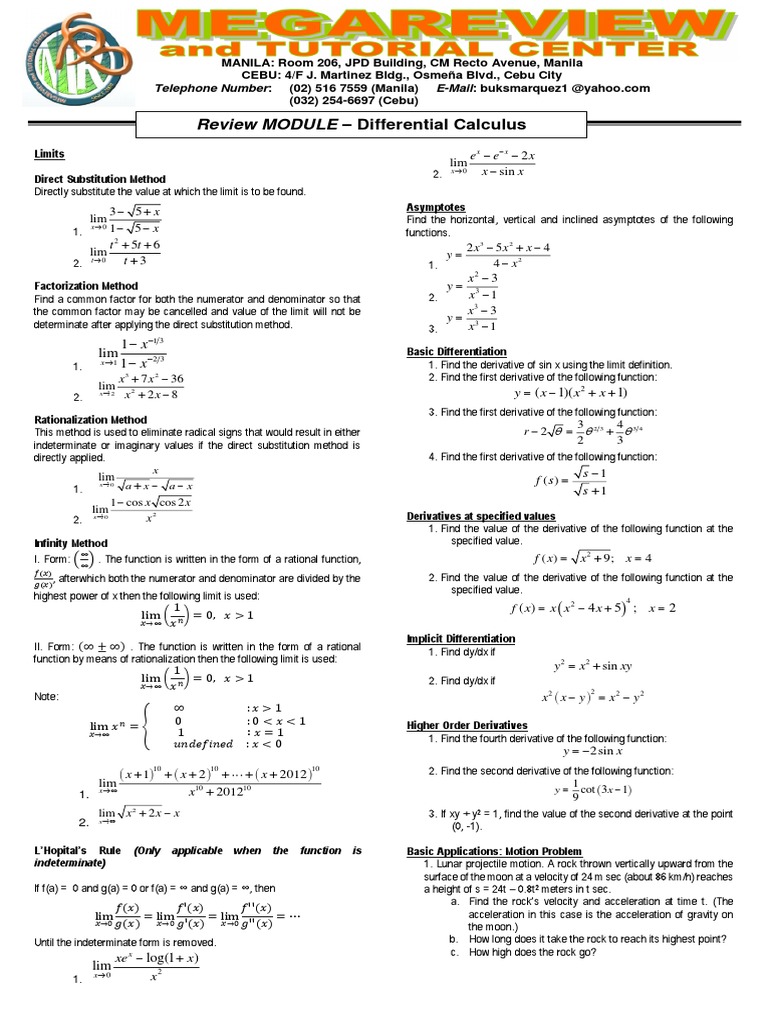 Differential Calculus Module November 2020 Final | PDF | Acceleration | Derivative