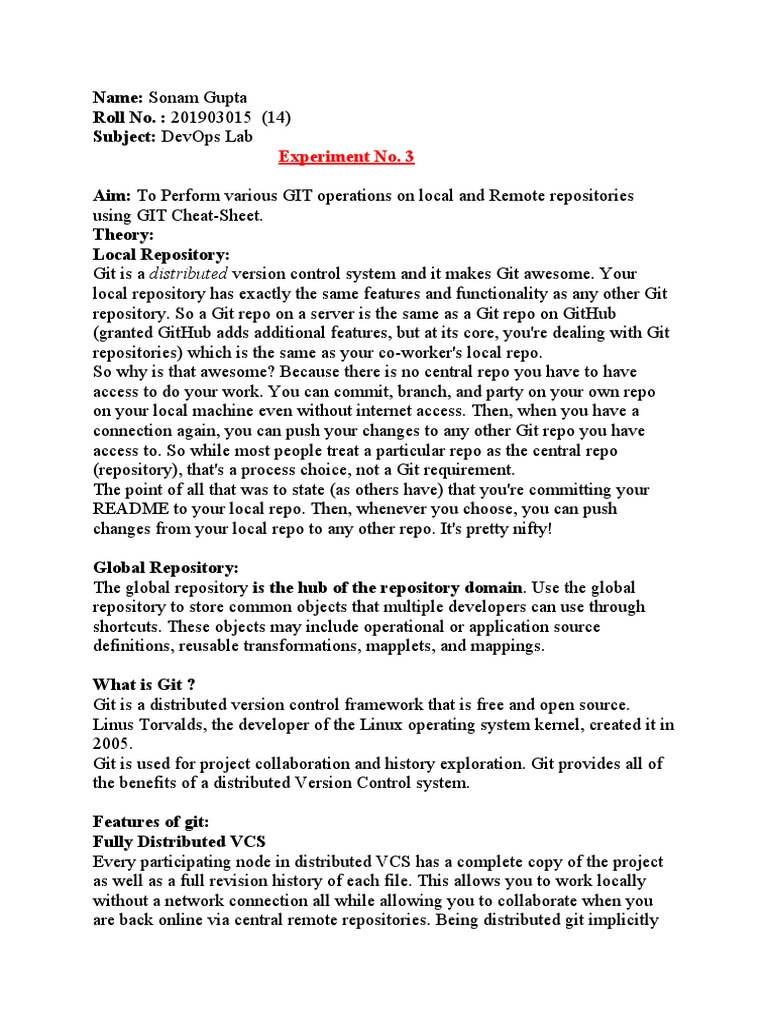 Name: Sonam Gupta Roll No.: 201903015 (14) Subject: Devops Lab | PDF | Version Control ...
