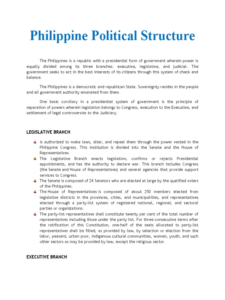 Philippine Political Structure Overview | PDF | Presidents Of The ...