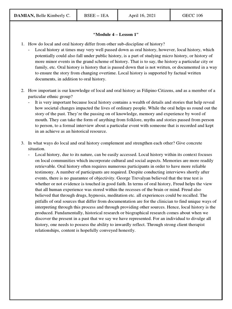 Module 4 - Lesson 1 GECC 106 - DAMIAN, Belle Kimberly C. | PDF | Oral ...