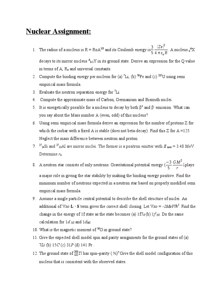 Nuclear Assignment | PDF | Atomic Nucleus | Neutron