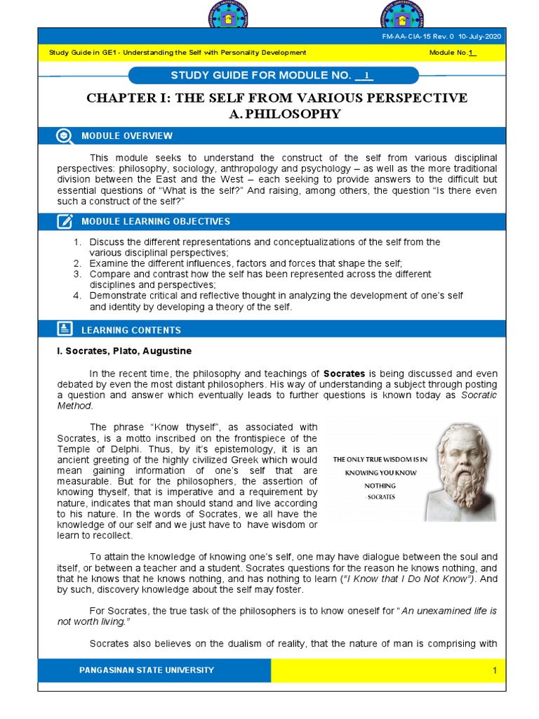 Chapter I: The Self From Various Perspective A. Philosophy: Study Guide ...