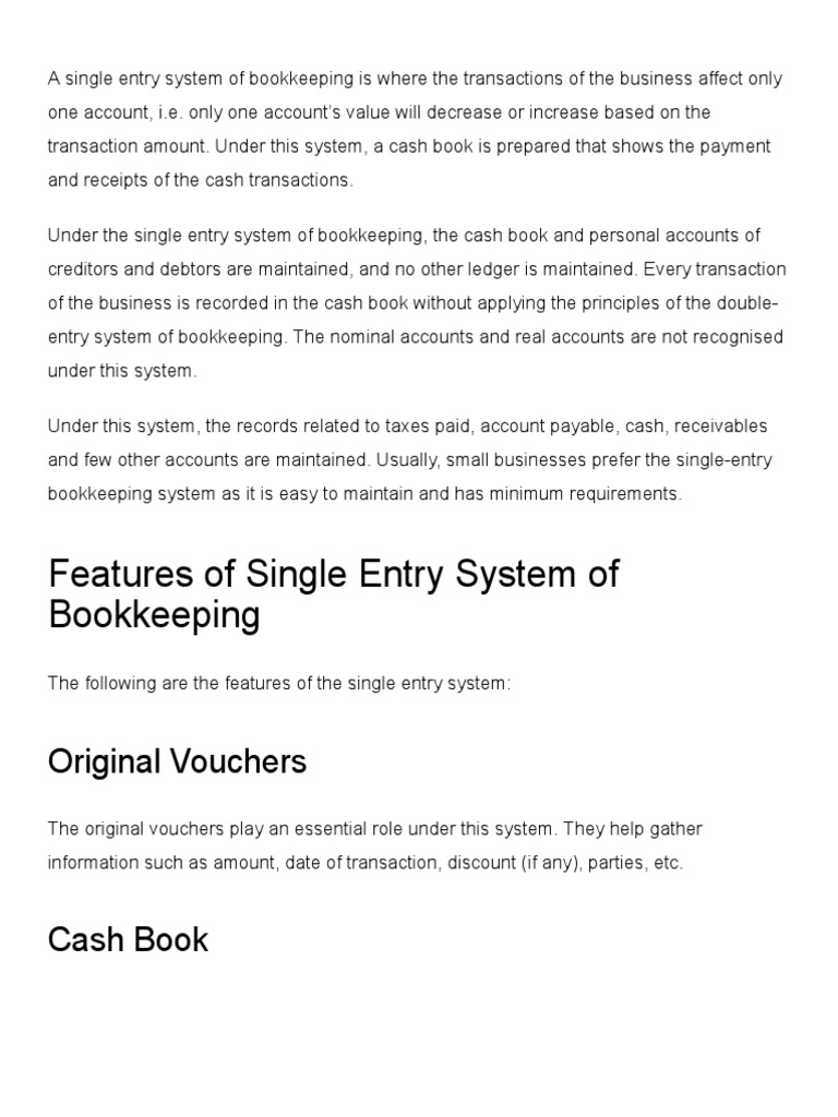 Single Entry System of Bookkeeping - Features & Advantages | PDF ...