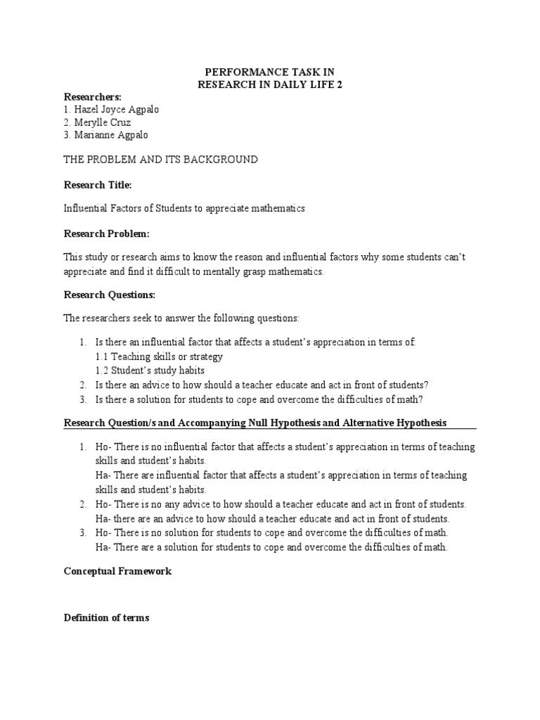 Performance Task in Research in Daily Life 2 Researchers | PDF | Self ...