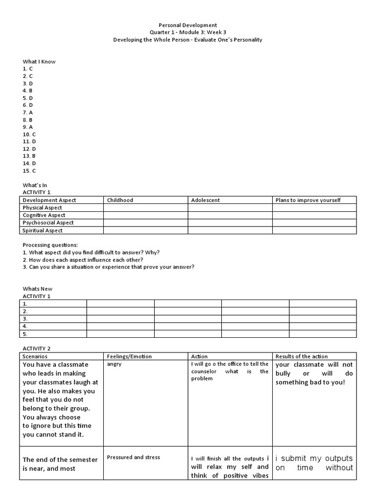 Personal Development Week 3-4 | PDF | Self | Feeling