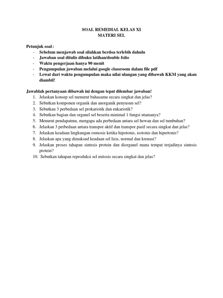 Soal Remedial Materi Sel - Kelas XI | PDF