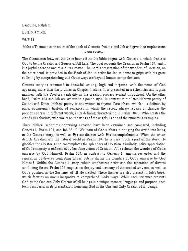 Thematic Connection 1 | PDF | Genesis Creation Narrative | God