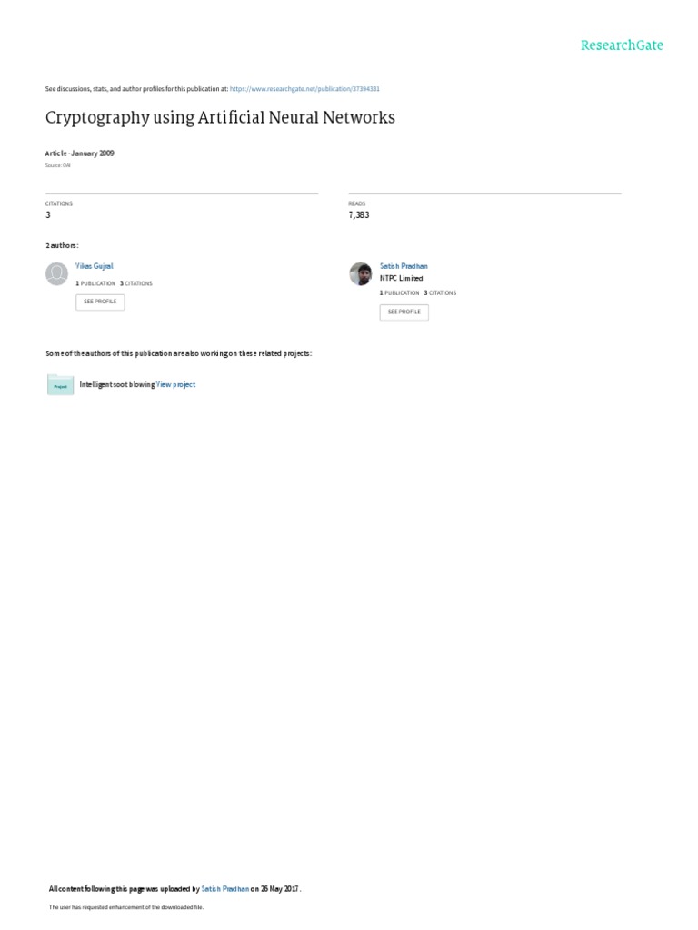 Cryptography Using Artificial Neural Networks | PDF | Key (Cryptography) | Cryptography