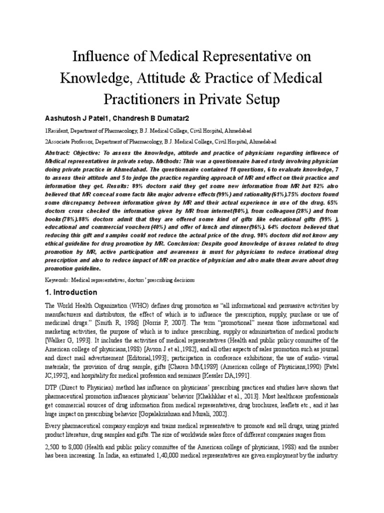 Influence of Medical Representative On Knowledge, Attitude & Practice ...