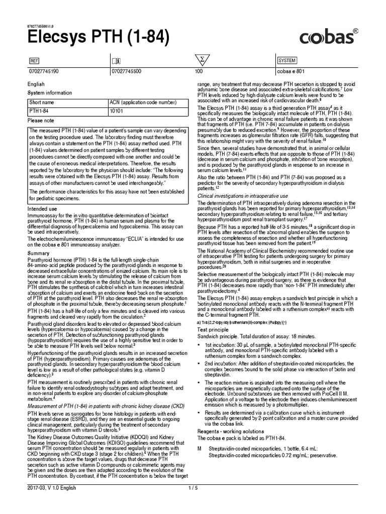 Elecsys PTH (1-84) : Cobas e 801 English System Information | PDF | Endocrine System | Clinical ...